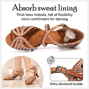 HIPPOSEUS Women's Latin Dance Shoes Tan Shiny Rhinestones Ballroom Party Salsa Dance Performace Shoes 2 1/3inch heel,Model L380,8 B(M) US