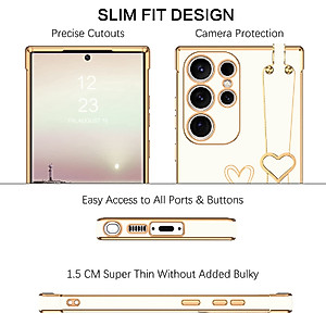 BENTOBEN for Galaxy S23 Ultra Case with Adjustable Wristband Kickstand Loop, Cute Heart Luxury Plating Bumper, Raised Corner Shockproof Women Girls Phone Cover for Samsung Galaxy S23 Ultra 6.8", White