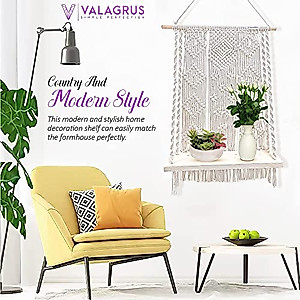 VALAGRUS Macrame Wall Hanging Shelves, Boho Room Decor, Rope Shelf with Handmade Woven Rope 2 Coasters, Wooden Hanging Shelves for Bedroom, Bathroom, Living Room Kitchen, Photo Frames, Small Plants.