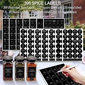 AISIPRIN 24 Pcs Glass Spice Jars with 398 Labels, 4oz Empty Square Containers Seasoning Bottles - Shaker Lids, Funnel, Brush and Marker Included(Black Metal Caps)