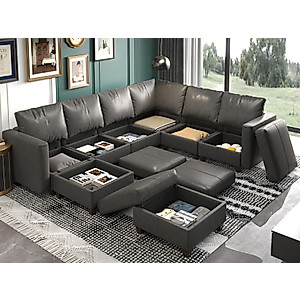 EASE MOOSE Modular Sectional Sofa with Storage, U Shaped Sectional Faux Leather Sectional Couch Large Sectional Sofa, Grey
