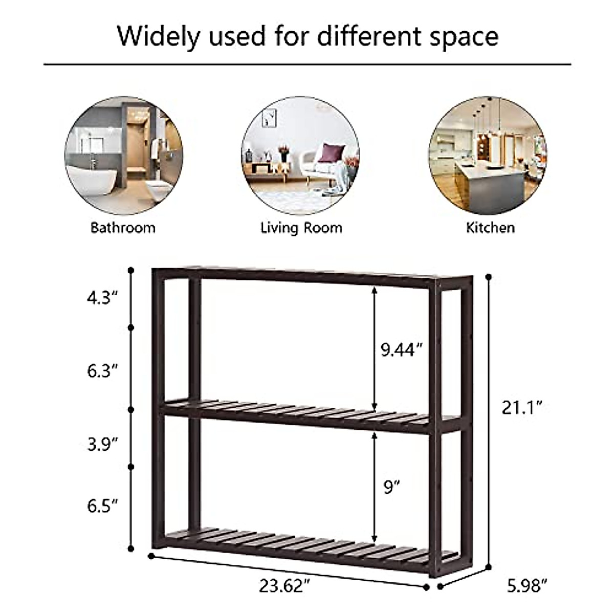 Kinsuite 3-Tier Bathroom Adjustable Multifunctional Bamboo Shelf Layer Rack Wall Mounted Utility Storage Organizer Towel Shelves Kitchen Living Room Holder, Dark Brown