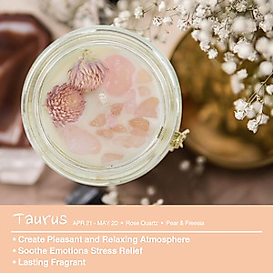 ZINCGE Taurus Gifts, Zodiac Crystal Candle, Birthday Candle Gifts for Women, Astrology Gifts for Mom Wife Sister, Gift for Her Pear and Freesia Scented Candle with Pink Crystals