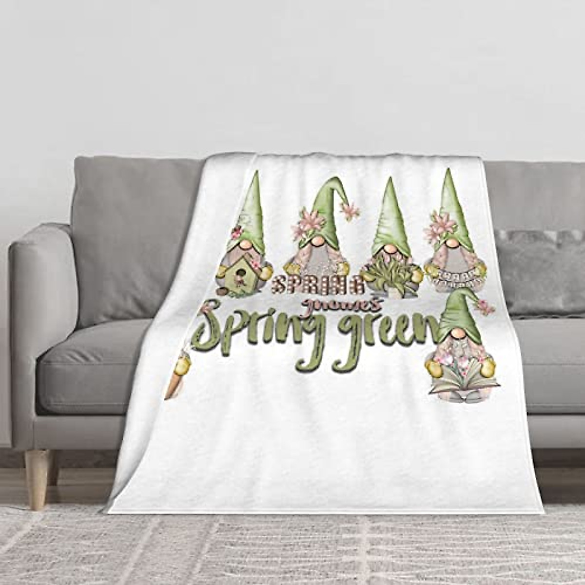Easter Spring Throw Blanket 60x50inch, Green Gnomes Flannel Fleece Blanket for Sofa Couch, Decorative Warm Blankets for Living Room/Bedroom