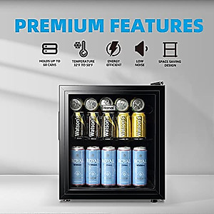 WANAI Mini Fridge Cooler 60Cans Beverage Refrigerator Glass Door Beverage Cooler for Beers Wine Juicer Cooler Adjustable Shelves LED Lights for Home, Office or Bar