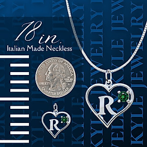 Arbach’s Icy Jewelry - Sterling Silver Box Chain Personalized Birthstone Pendant Statement Necklace - Heart & Letter (R)
