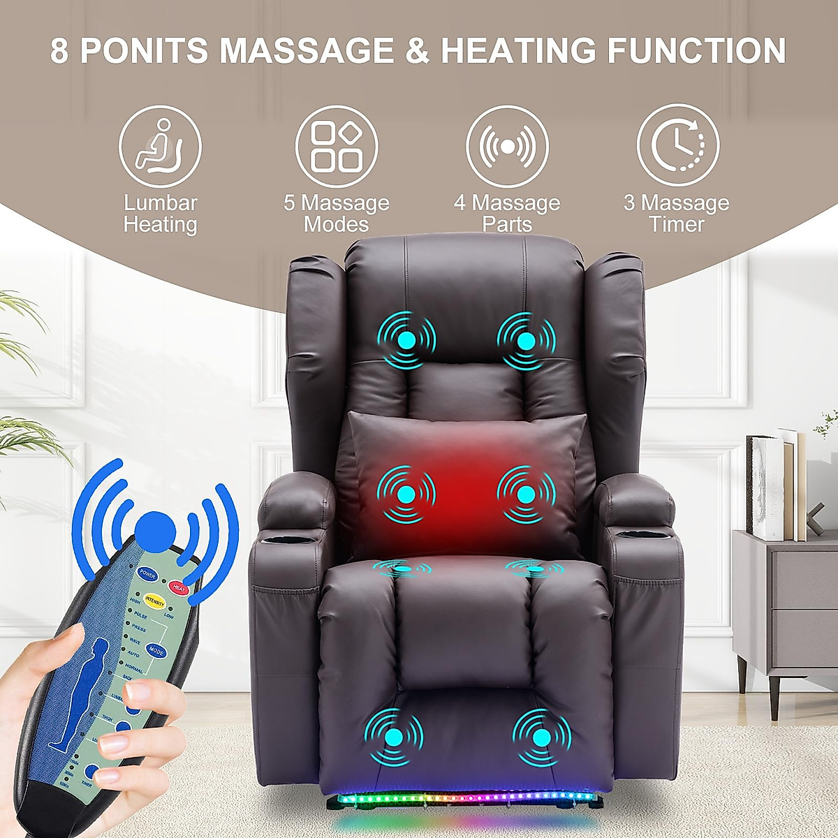 BINGTOO Electric Power Recliner Chair with Massage and Heat Recliner Chairs for Adults Living Room, Wingback Recliners Ergonomic Lounge Sofa Home Theater Seating with LED Light, Cup Holders, USB