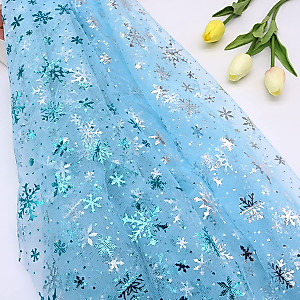 Queenbox 100x150cm Sparkle Snowflake Tulle Sequins Mesh Fabric Glitter Snow Flower Net Gauze for Christmas Wedding Party, Sky Blue + Blue Star