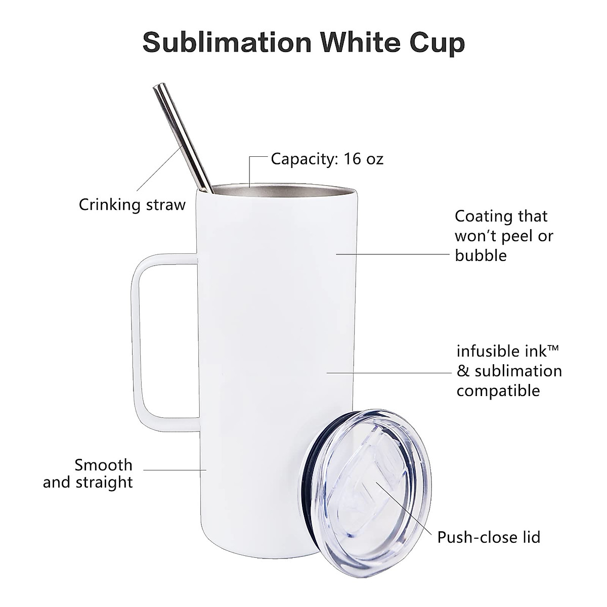 MAIKESUB 4 Pcs Sublimation Blank Skinny Tumbler 16 OZ White Mugs with Handle and Straw Double Wall Stainless Steel Coffee Travel Straight Mug with Sliding Lid