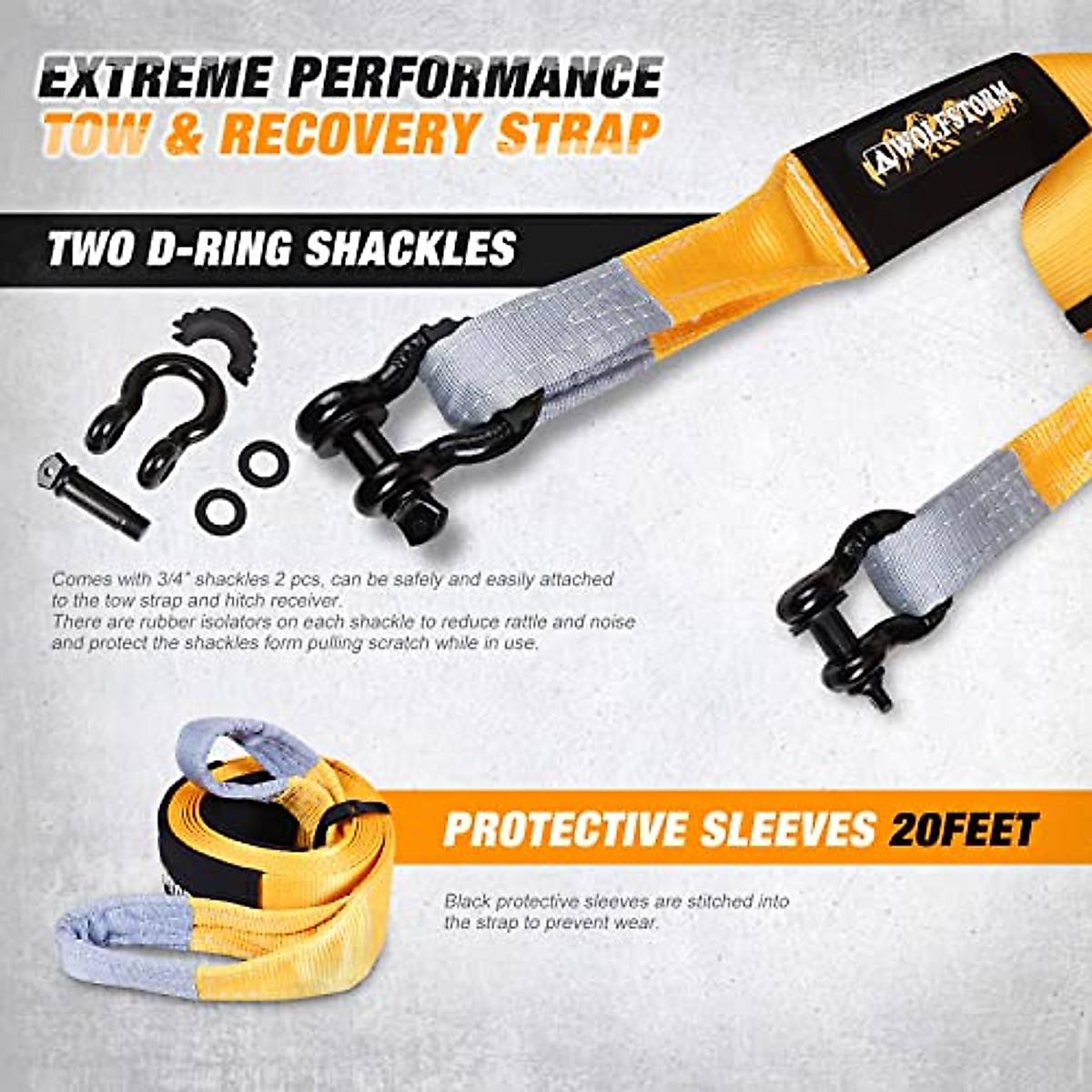WOLFSTORM 20 Feet Heavy Duty Tow Straps with D Ring Shackles,41800 lbs Break Strength,Towing Recovery Straps,Winch Extension Emergency Off Road Kits,Protective Sleeves and Storage Bag
