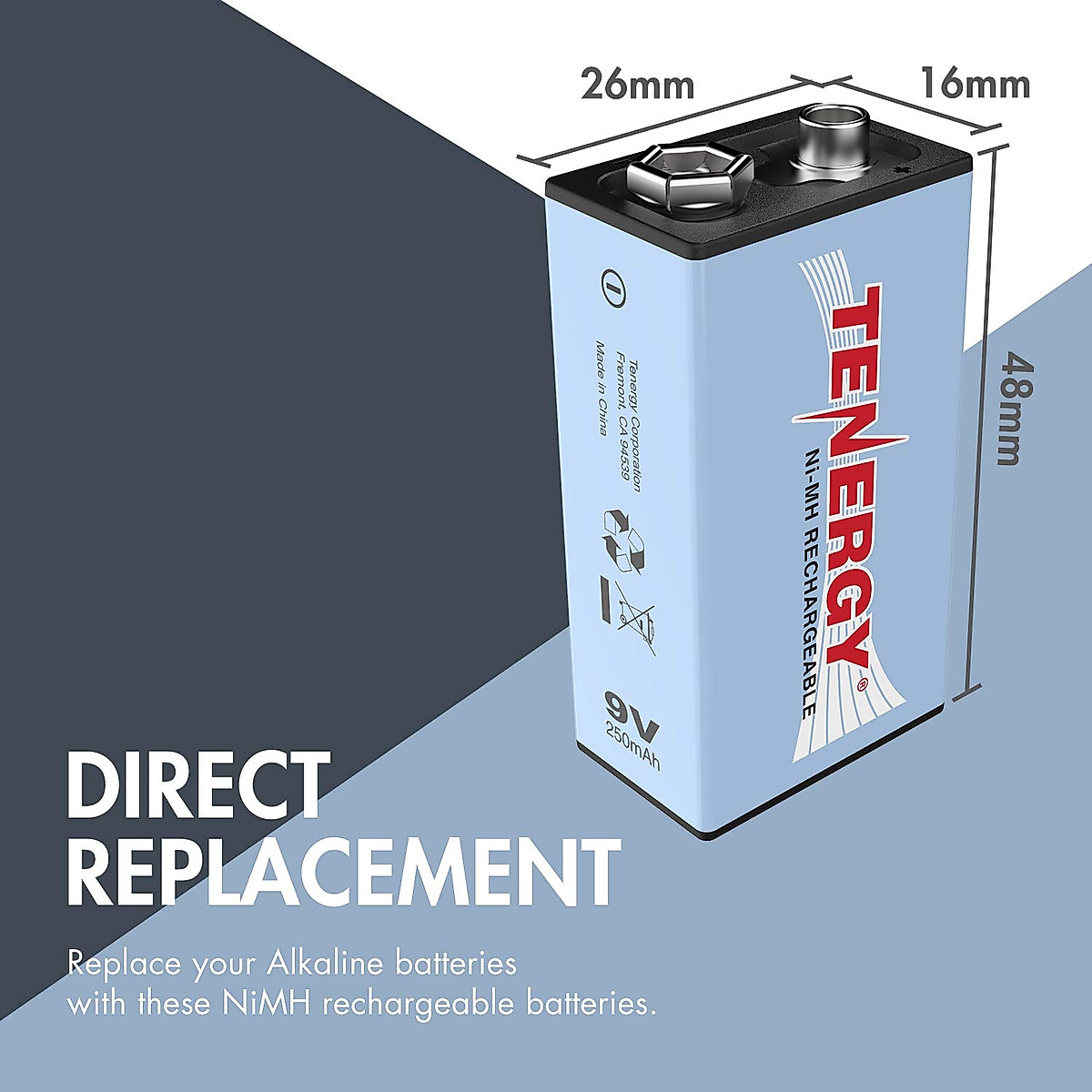 Tenergy 9V NiMH Battery, High Capacity 250mAh Rechargeable 9 Volt Batteries for Smoke Detector/Alarms, TENS Unit, Metal Detector, and More (4 Pack)