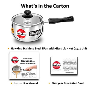 HAWKINS 2 Litre Stainless Steel TPan with Glass Lid, Induction Saucepan, Steel Utensil, Silver (SST20G)