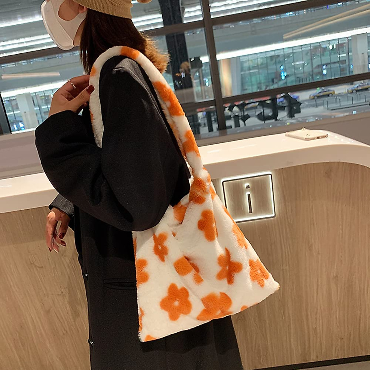 holygloomy Girls Fluffy Plush Shoulder Bag Plush Underarm Bag Plush Handbag Furry Messenger Bag for Autumn Winter Shopping Travel, Orange