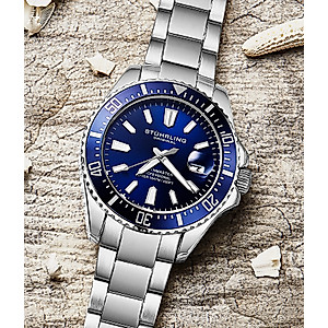 Stuhrling Original Men's Watches Pro Dive Watch Sports Watch with 42 MM Case Blue Dial Stainless Steel Silver Bracelet Diving Watch for Men (Blue)