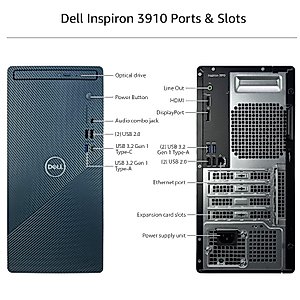 Dell Inspiron 3910 Desktop Computer - 12th Gen Intel Core i5-12400 6-Core up to 4.40 GHz Processor, 8GB RAM, 256GB NVMe SSD + 8TB HDD, Intel UHD Graphics 730, DVD Burner, Windows 11 Home, Mist Blue
