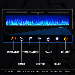 oneinmil Electric Fireplace, 60 inch Wide Recessed and Wall Mounted Electric Fireplace, 750W/1500W, 12 Color Flame, Remote Control, Log Set & Crystal