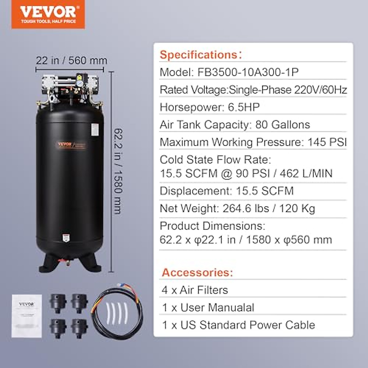 VEVOR 80 Gallon Air Compressor, 6.5HP 15.5SCFM@90 PSI, 2-Stage 145PSI Oil Free Stationary Compressor Tank, 86dB Quiet Compressor for Industrial Manufacturing, Workshops (220V/60Hz Single-Phase Power)