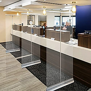 BannerBuzz Floor Standing Sneeze Guard - Full Tarp with Steppy Retractable Stand Isolation Barrier - Clear Film Protective Shield for Cafes, Retail Stores, Cashier, Receptionist (2.5' x 6.5')