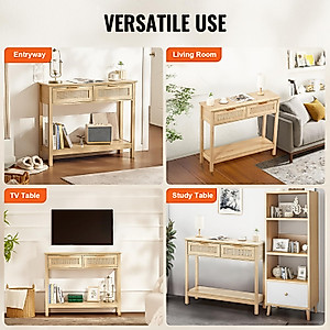 VEVOR Rattan Console Table with 2 Storage Drawers, Rattan Entryway Table with Natural Rattan Sliding Door, Console Sofa Table for Living Room, Study, Entryway Or TV Wall, Natural