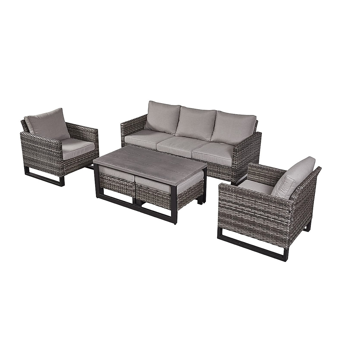 HUMMUH 6 Piece Patio Furniture All Weater Wicker Outdoor Sectional Sofa,High Back Patio Chairs,Coffee Table and Ottomans Set for Porch,Garden,Backyard