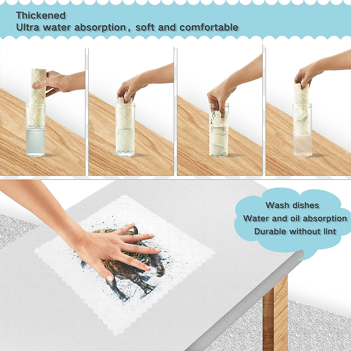 Watercolor Angry Buffalo, Bison, Bull, Wild Animal Paint on White Pack of 6 Pcs Kitchen Dish Towels, Absorbent Soft Dishcloths for Bar cafe Car Table Chair Window Washable Towels 11 x 11 inches