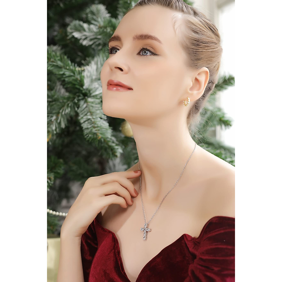 B. BRILLIANT Cross Necklace for Women | Sterling Silver Necklace Round-cut AAA Cubic Zirconia Big Large CZ Crosses for Women with Gift Box