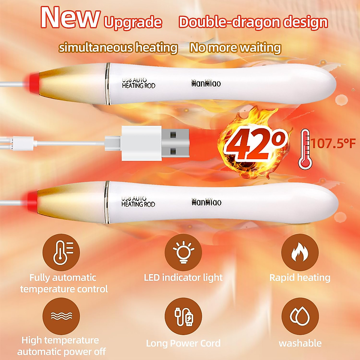 Heating Stick LED Indicator Light Heating Stick Heating Stick Dual Head Toy Heating Stick Warming Stick Heating Meat Stick USB Hand Warmer 42℃ Auto Control + 4 Pcs Drying Stick Dryer