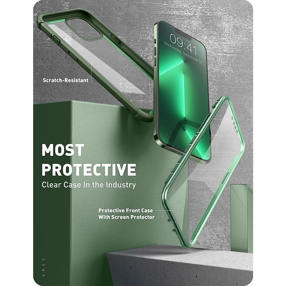 i-Blason Ares for iPhone 13 Pro Max Case 6.7 inch [Built-in Screen Protector] [Military-Grade Protection] Clear Full-Body Shockproof Rugged Bumper Phone Case for iPhone 13 Pro Max (Alpine Green)