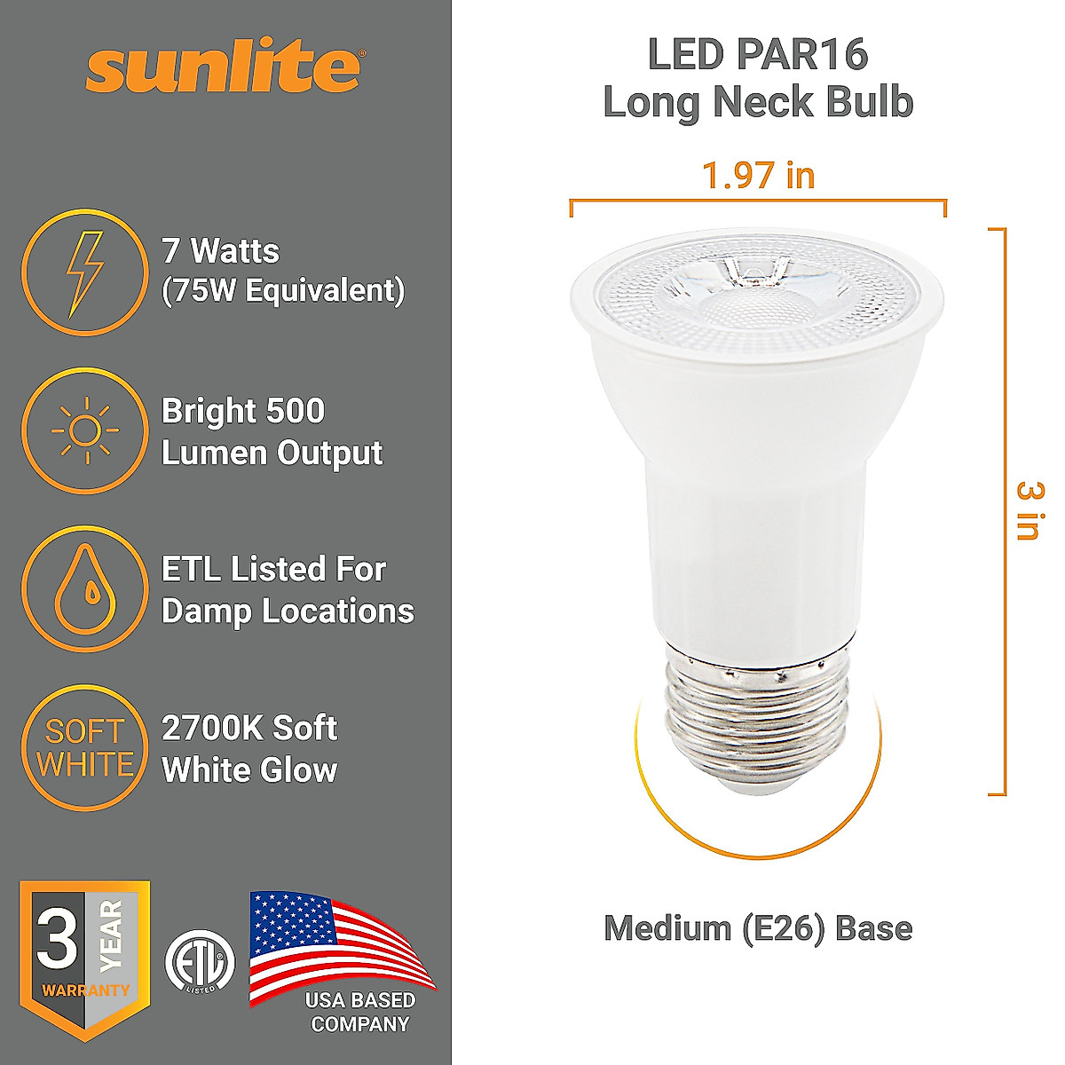 Sunlite LED PAR16 Long Neck Recessed Spotlight Bulb, 7 Watt, (75W Halogen Replacement), 500 Lumens, Medium (E26) Base, Dimmable, ETL Listed, 2700K Soft White, 6 Pack