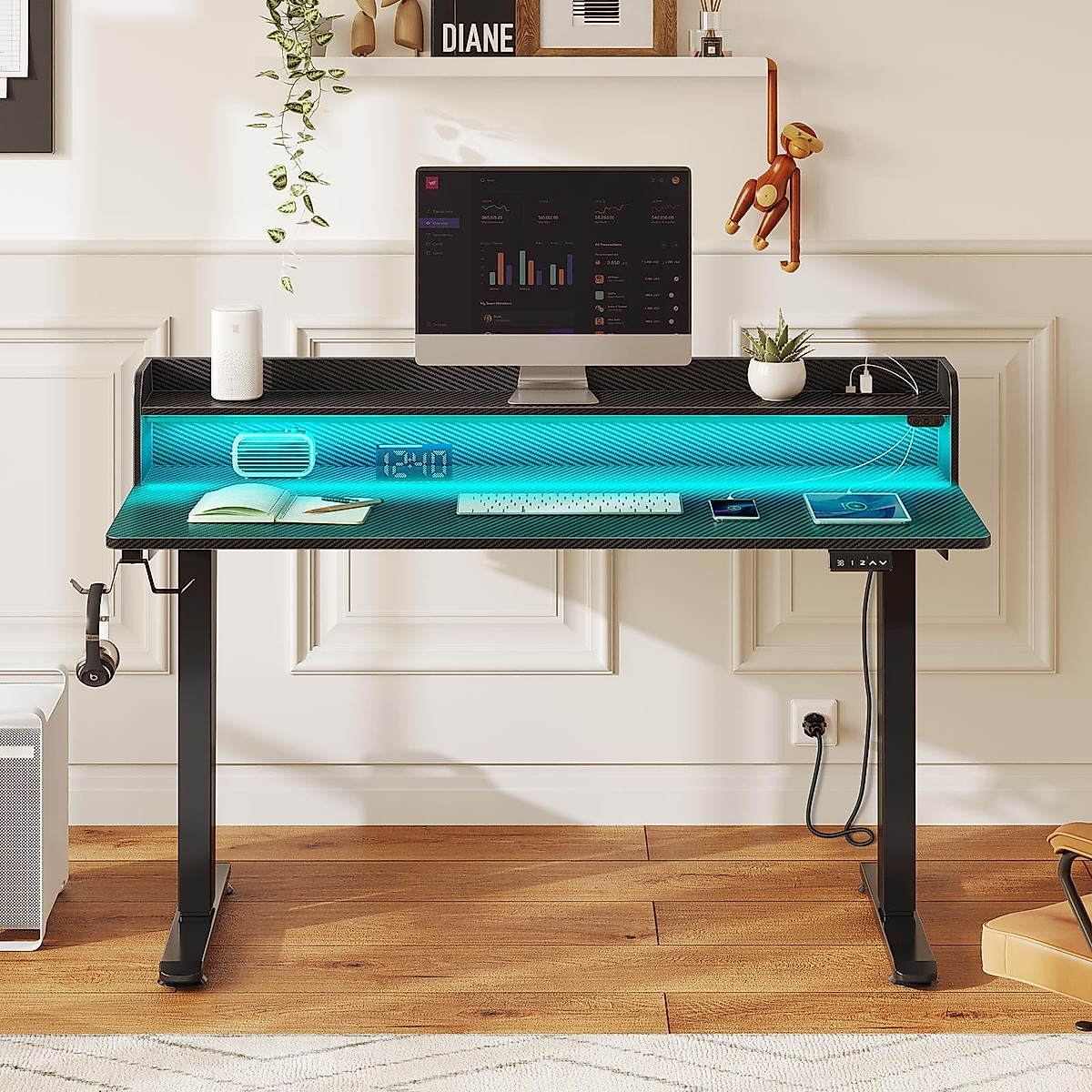 Rolanstar Standing Desk with LED Lights & Charging Station, 55" Height Adjustable Desk with Monitor Stand, Electric Gaming Desk with 2 Hooks, Sit Stand Home Office Desk, Carbon Fiber Surface Black