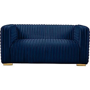 Meridian Furniture 640Navy-L Ravish Collection Modern | Contemporary Velvet Upholstered Loveseat with Deep Channel Tufting + Both Gold & Chrome Legs Included