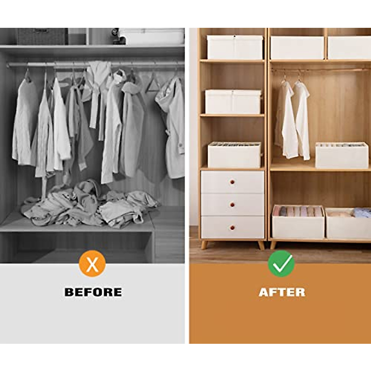 AARAINBOW 2 Pcs Closet Clothes Organizer with Handle, Stackable Shelf Storage Baskets with Dividers, Foldable Wardrobe Storage Box Drawer Divider for Jeans Pants Sweater (7 Grids Gray)