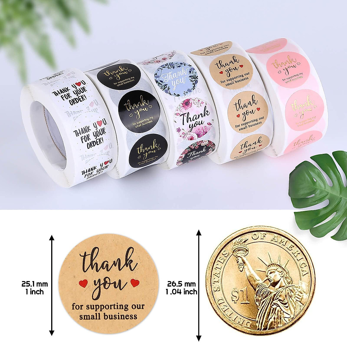 Thank You Stickers Rolls, 2500Pcs 1 Inch Thank You for Supporting My Small Business Envelope Seals, 5 Rolls 12 Patterns Small Thank You Stickers for Wedding, Birthday, Party Gift Wrap Bag