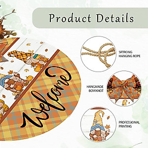 Thanksgiving Door Sign Wreath Welcome Fall Door Sign 12in Wooden Autumn Sign with Bowknot Fall Gnomes Decoration for Home Front Door Porch Thanksgiving Hanging Sign