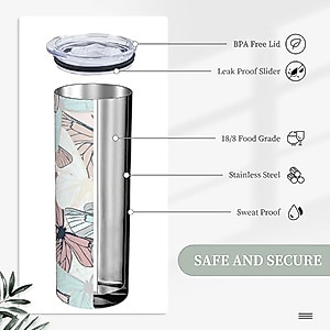 AFHYZY 20 oz Tumbler Reusable Coffee Travel Mug with Lids and Straws, Insulated Coffee Cups Leak Proof 20oz Stainless Steel Water Bottles Skinny for Women, Men, Work, Sports - Butterfly