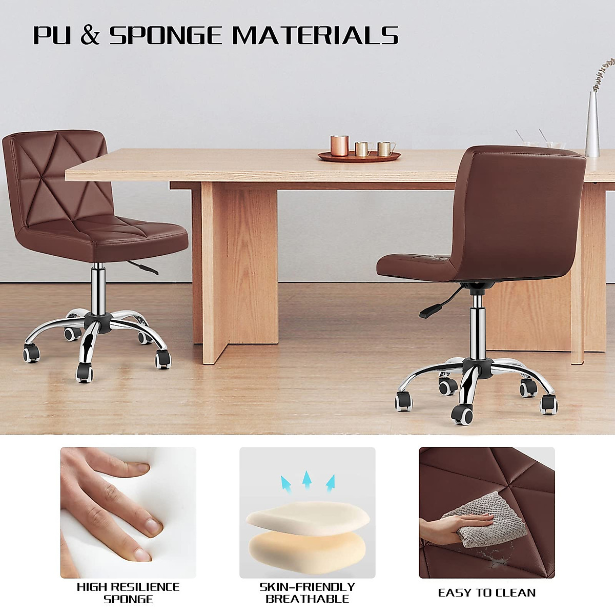 COSVALVE Armless Desk Chair, Low Back 360 Swivel Office Chair, Height Adjustable Executive Conference Task Chair with Rolling Wheels and Diamond Pattern for Home Bedroom Computer Barber, Brown