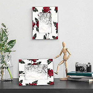 POFATO Red Rose Art Pattern 5x7 Picture Frame Wood Photo Frame for Tabletop Display Wall Mount Picture Frame Display 5 x 7 Inch Photo Wall Decor Home Gift Frames