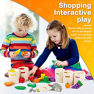 69 Pcs Wooden Play Food Sets for Kids Kitchen, Pretend Food Toys for Toddlers, Play Kitchen Toys, Fake Fruit/Vegetable Accessories with Sorting Bag, Play Money, Birthday Gifts for Boys Girls Age 3+