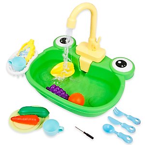 Ruibytree Play Kitchen Sink Toy, Water Toys for Kids with Electronic Dishwasher, Pretend Play Utensils Accessories and Play Cutting Food for Boys and Girls (Cute Frog)
