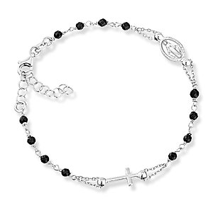 Miabella 925 Sterling Silver Italian Natural Black Spinel Rosary Cross Charm Bead Bracelet for Women, Adjustable Link Chain, Handmade in Italy (Length 7 to 8 Inch)