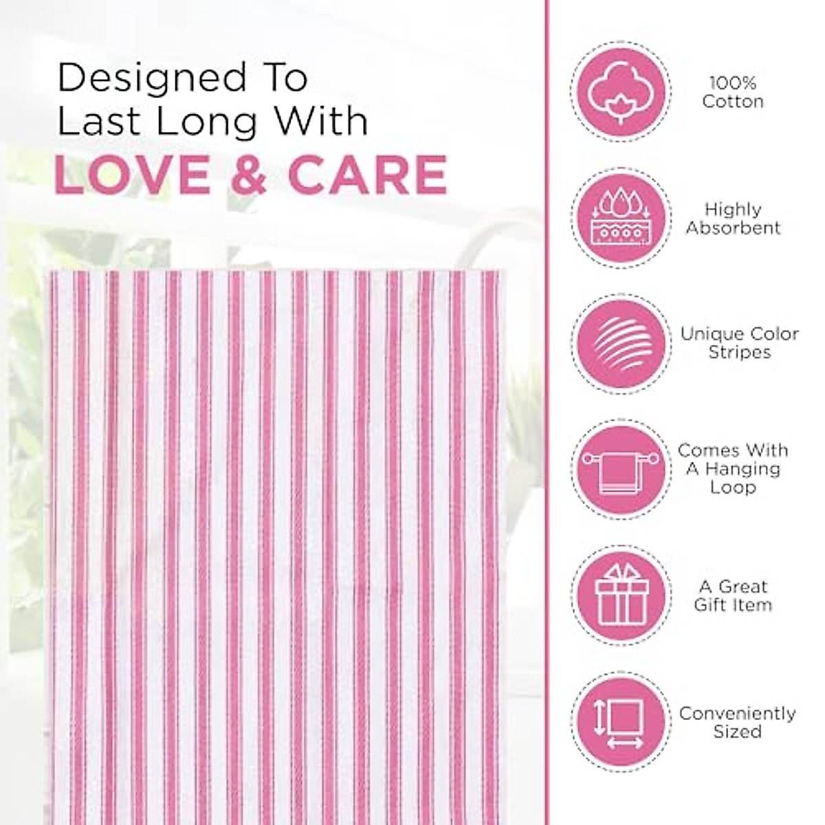 Candy Cottons Stripe Kitchen Towels Decor Hanging Loop Dish Towels Boho Stripe Absorbent Festive Gift Set of 3 Pantry Reusable 18x28 Inch Kitchen Dish Towels|Trendy Spring French Stripe| Pink