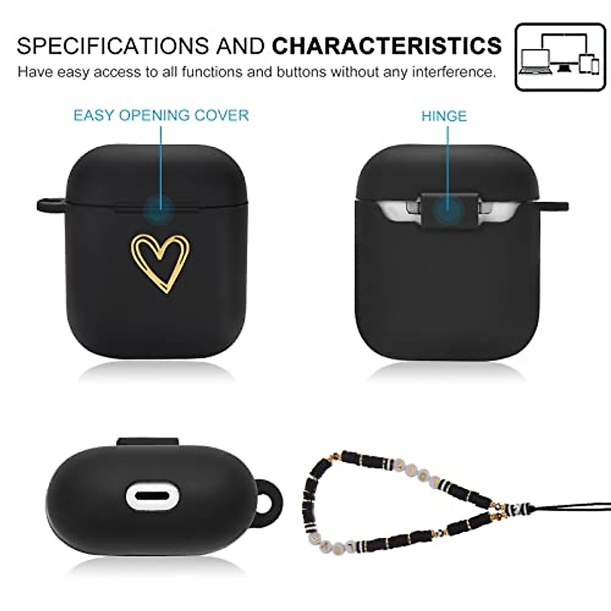 Cute AirPod Case Gold Love Heart Pattern Design with Love Lanyard Beaded Wrist Strap Soft Silicone Shockproof Cover Compatiable with AirPods 1st & 2nd Generation Case