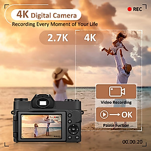 4K Digital Camera for Photography Autofocus Anti-Shake 48MP Vlogging Camera with 64GB Micro Card, 3'' 180° Flip Screen 16X Digital Zoom Travel Camera with Wide-Angle Lens & Macro Lens, 2 Batteries