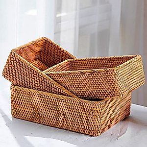 ZENFUN 3 Pack Rectangular Rattan Storage Baskets, Bulk Shallow Wicker Baskets for Decor, Handmade Woven Nesting Bread Baskets for Organizing, Serving, for Kitchen, Home, 3 Sizes