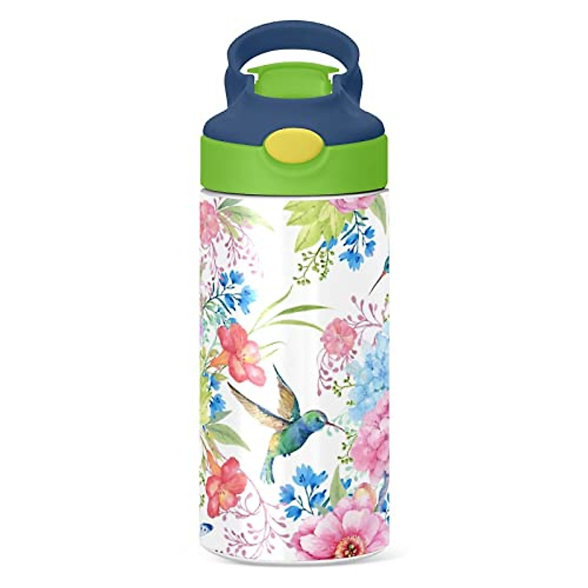 Flower Birds Kids Water Bottle with Straw Lid - 12 oz Double Wall Vacuum Insulated Stainless Steel Water Bottle Leak Proof Reusable Thermos for Toddlers, Girls, Boys