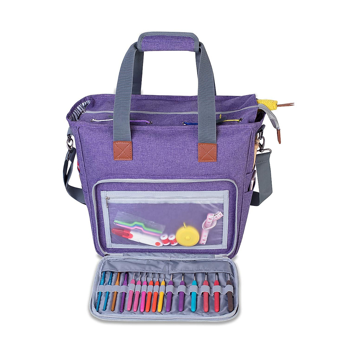 LUXJA Knitting Bag with Shoulder Straps, Yarn Bag for Carrying Projects, Knitting Needles, Crochet Hooks and Other Accessories, Purple