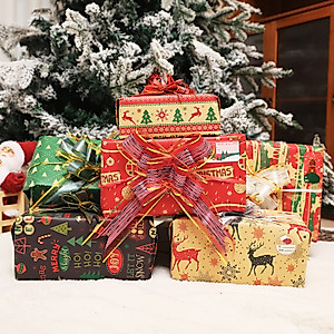 PintreeLand 12 Sheets Christmas Wrapping Paper Set(6 Large&6 Small, 59 Sq. Ft. Ttl) with 12PCS Gift Bows and Labels - Vintage Red Green Xmas Holiday Kraft Present Wrap Paper