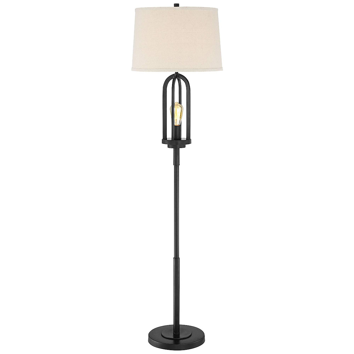 360 Lighting Marcel Industrial Rustic Farmhouse Floor Lamp Standing 64" Tall Black with LED Nightlight Light Natural Linen Drum Shade for Living Room Reading Bedroom Office House Home Decor