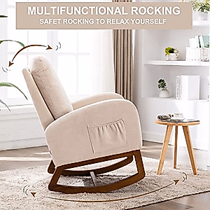 Nursery Rocking Chair,Upholstered Fabric Accent Armchair,Wooden Padded Seat with 2-Side Pocket,Nursing Chair with Rubber Wood Legs,Glider Chair for Nursery,Living Room,Home Office (Beige)