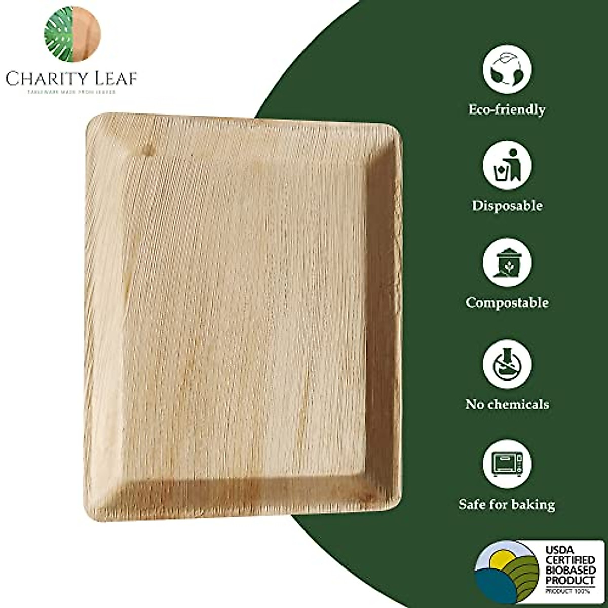 Charity Leaf Disposable Palm Leaf 12" x 10" Trays (10 pieces) Bamboo Like Serving Platters, Disposable Boards, Eco-Friendly Dinnerware For Weddings, Catering, Events
